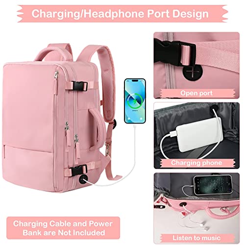 Hanples Travel Backpack for Women as Person Item Flight Approved, 35L Carry On Backpack, 16 Inch Laptop Backpack, Waterproof Backpack, Hiking Backpack, Casual Bag (Pink)