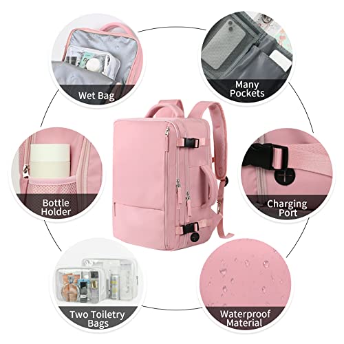 Hanples Travel Backpack for Women as Person Item Flight Approved, 35L Carry On Backpack, 16 Inch Laptop Backpack, Waterproof Backpack, Hiking Backpack, Casual Bag (Pink)