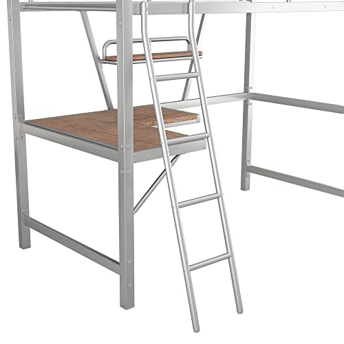 Anwickmak Twin Size Loft Bed with Desk and Shelf, Metal Loft Bed Frame, Loft Bed with Ladders and Safety Guard Rails for Boys,Girls, Teens, Adults