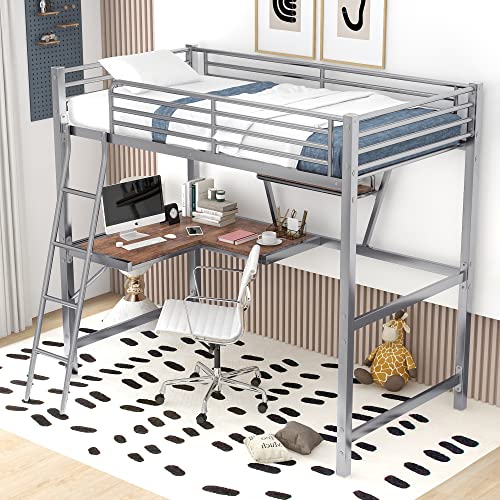 Anwickmak Twin Size Loft Bed with Desk and Shelf, Metal Loft Bed Frame, Loft Bed with Ladders and Safety Guard Rails for Boys,Girls, Teens, Adults