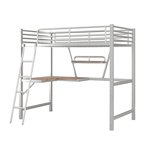 Anwickmak Twin Size Loft Bed with Desk and Shelf, Metal Loft Bed Frame, Loft Bed with Ladders and Safety Guard Rails for Boys,Girls, Teens, Adults