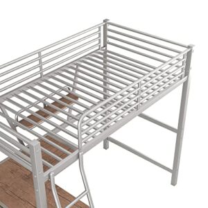 Anwickmak Twin Size Loft Bed with Desk and Shelf, Metal Loft Bed Frame, Loft Bed with Ladders and Safety Guard Rails for Boys,Girls, Teens, Adults