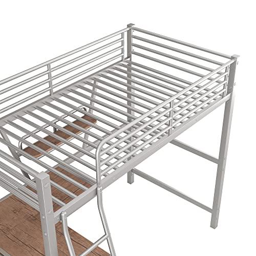 Anwickmak Twin Size Loft Bed with Desk and Shelf, Metal Loft Bed Frame, Loft Bed with Ladders and Safety Guard Rails for Boys,Girls, Teens, Adults