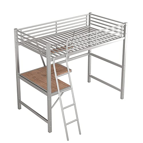 Anwickmak Twin Size Loft Bed with Desk and Shelf, Metal Loft Bed Frame, Loft Bed with Ladders and Safety Guard Rails for Boys,Girls, Teens, Adults