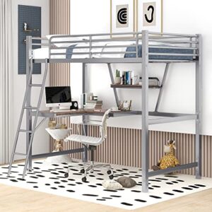 Anwickmak Twin Size Loft Bed with Desk and Shelf, Metal Loft Bed Frame, Loft Bed with Ladders and Safety Guard Rails for Boys,Girls, Teens, Adults