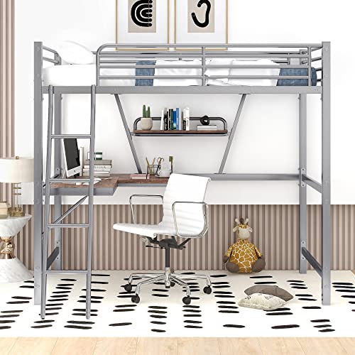 Anwickmak Twin Size Loft Bed with Desk and Shelf, Metal Loft Bed Frame, Loft Bed with Ladders and Safety Guard Rails for Boys,Girls, Teens, Adults