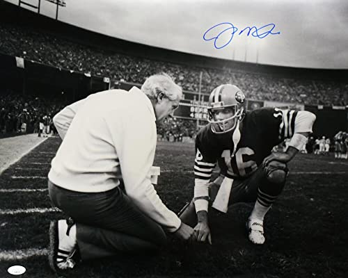 Joe Montana Signed San Francisco 49ers 16x20 Kneeling W/Walsh B/W Photo- JSA - Autographed NFL Photos