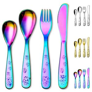 berglander rainbow toddler utensils 4 pieces colorful titanium plating kids silverware set, children safe forks and spoons flatware, mirror polished smooth round edage cutlery sets, dishwasher safe