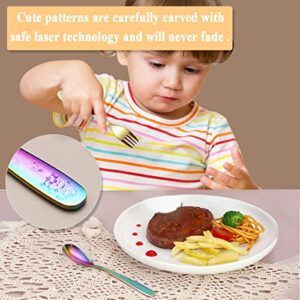 Berglander Rainbow Toddler Utensils 4 Pieces Colorful Titanium Plating Kids Silverware Set, Children Safe Forks and Spoons Flatware, Mirror Polished Smooth Round Edage Cutlery Sets, Dishwasher Safe