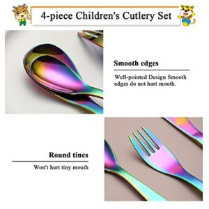 Berglander Rainbow Toddler Utensils 4 Pieces Colorful Titanium Plating Kids Silverware Set, Children Safe Forks and Spoons Flatware, Mirror Polished Smooth Round Edage Cutlery Sets, Dishwasher Safe