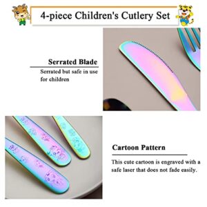 Berglander Rainbow Toddler Utensils 4 Pieces Colorful Titanium Plating Kids Silverware Set, Children Safe Forks and Spoons Flatware, Mirror Polished Smooth Round Edage Cutlery Sets, Dishwasher Safe