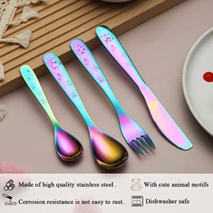 Berglander Rainbow Toddler Utensils 4 Pieces Colorful Titanium Plating Kids Silverware Set, Children Safe Forks and Spoons Flatware, Mirror Polished Smooth Round Edage Cutlery Sets, Dishwasher Safe