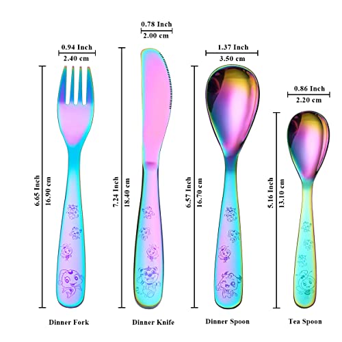 Berglander Rainbow Toddler Utensils 4 Pieces Colorful Titanium Plating Kids Silverware Set, Children Safe Forks and Spoons Flatware, Mirror Polished Smooth Round Edage Cutlery Sets, Dishwasher Safe