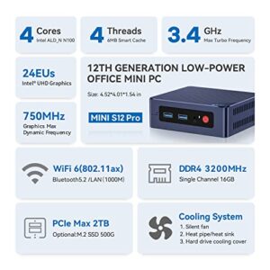 Beelink Mini S12 Pro Mini PC, Intel 12th Gen Alder Lake- N100(up to 3.4GHz), 16GB DDR4 RAM 500GB PCIe SSD, Desktop Computer Support 4K Dual Display/USB3.2/WiFi 6/BT5.2/Gigabit Ethernet for Home/Office