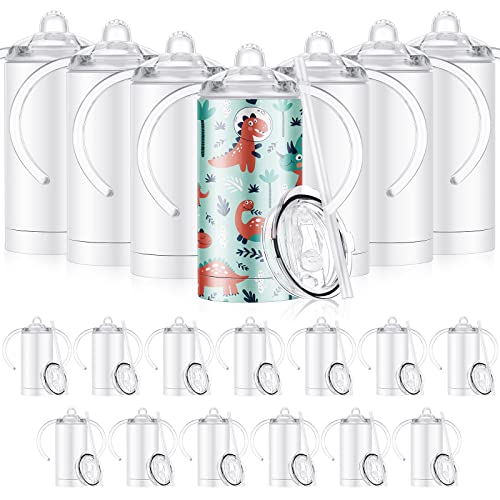 Geetery 20 Pack Sublimation Blanks Sippy Cups Bulk 12 oz White Sublimation Straight Sippy Tumblers with Handle and Lid kids Insulated Stainless Steel Water Bottle Straw Cups for Kids