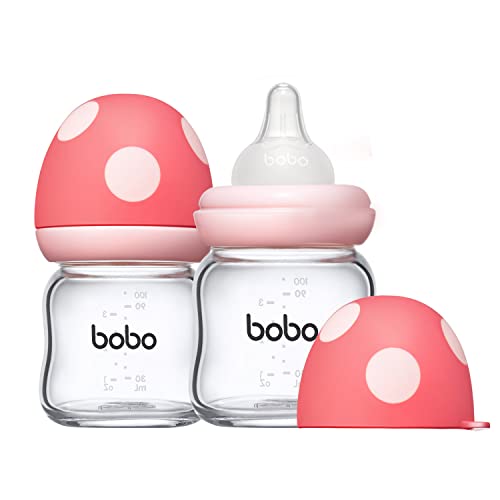 YOHKOH Natural Glass Baby Bottle with Natural Response Nipple, Newborn Anti-Colic Baby Bottles, Wide Neck Mushroom Cap Baby Bottle, Clear (3.4oz (Pack of 2), Red)