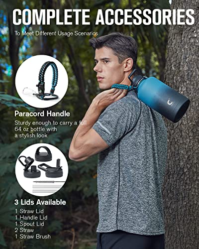 Coolplus 64 oz Insulated Water Bottle with Paracord Handle & 3 Lid, Half Gallon Water Bottle Food-grade Vacuum Large Water Jug Flask, Keep 24H Hot 48H Cold, Leak Proof & BPA-Free,