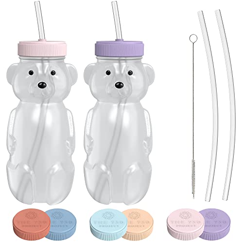 Honey Bear Straw Cup 2-pack with Travel Lid; 8oz straw bear cup for babies, improved lid design; Honeybear baby cup straw; Honey bear bottle cup; Straw learning therapy cup (Cherry Blossom/Unicorn)