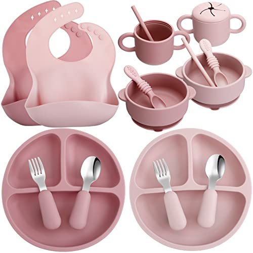 16 Pcs Baby Led Weaning Supplies Silicone Baby Feeding Set Baby Plates with Suction Baby Utensils with Divided Adjustable Bib Bowl Cutlery Snack Cup Spoons Straw 6 Months+ (Dark Pink, Dusty Pink)