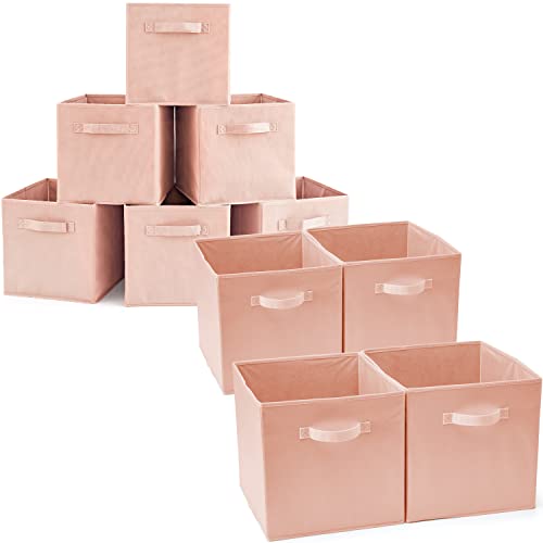 EZOWare Set of 10 Fabric Basket Bins, Pink Collapsible Organizer Storage Cube with Handles for Home, Bedroom, Baby Nursery, Kids Playroom Toys - 13"x15"x13" + 10.5"x 10.5"x 11"