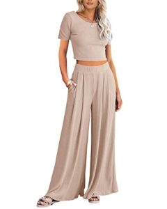 btfbm women summer 2023 two piece casual outfits lounge set ribbed knit bodycon crop top long pants tracksuits sweatsuit(short apricot, small)