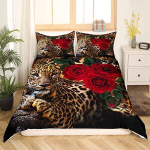 feelyou leopard bedding set for girls boys kids rose cheetah print comforter cover set room decorative leopard pattern duvet cover safari yellow red bedspread cover room decor quilt cover queen size