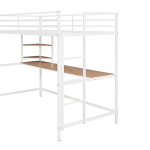 Metal Loft Bed Frame, Twin Size Loft Bed with Desk and Storage Shelves, Metal Bed Frame with Safe Guardrail & Ladder for Kids Teens Adults, Space Saving Loft Bed, No Box Spring Needed (White)