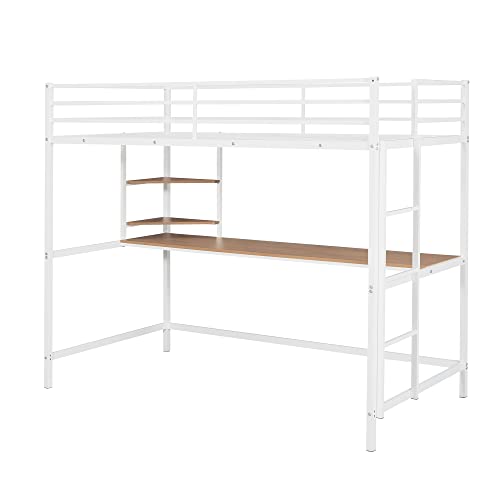 Metal Loft Bed Frame, Twin Size Loft Bed with Desk and Storage Shelves, Metal Bed Frame with Safe Guardrail & Ladder for Kids Teens Adults, Space Saving Loft Bed, No Box Spring Needed (White)