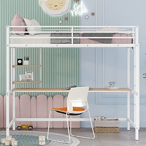 Metal Loft Bed Frame, Twin Size Loft Bed with Desk and Storage Shelves, Metal Bed Frame with Safe Guardrail & Ladder for Kids Teens Adults, Space Saving Loft Bed, No Box Spring Needed (White)