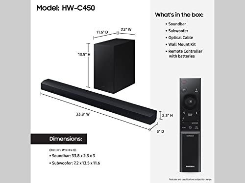 SAMSUNG HW-C450 2.1ch Soundbar w/DTS Virtual X, Subwoofer Included, Bass Boost, Adaptive Sound Lite, Game Mode, Bluetooth, Wireless Surround Sound Compatible (Newest Model),Black