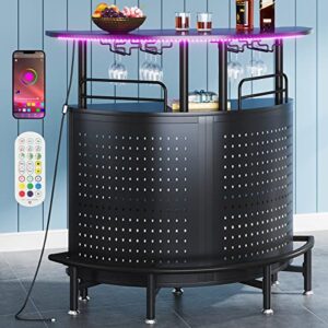 tribesigns home bar unit with led lights, 3 tier liquor bar table with stemware racks & wine storage shelves, smart alcohol bar counter wine bar cabinet mini bars for home kitchen pub, black