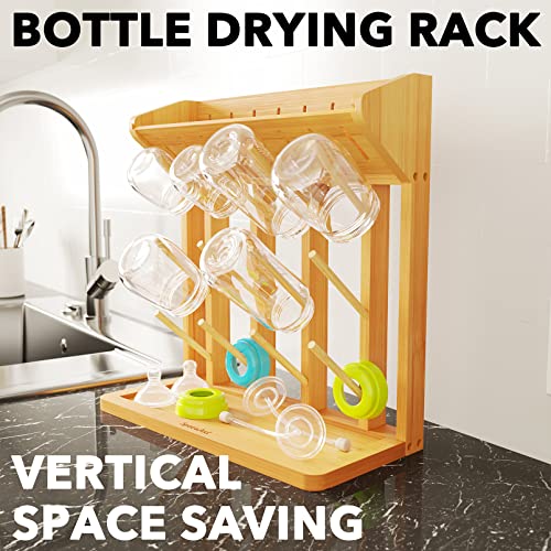 SpaceAid Bamboo Baby Bottle Drying Rack, Space Saving Kitchen Bottles Holder Organizer for Baby Bottle Rack Dryer Storage Accessories (Natural, 12 Bottles)