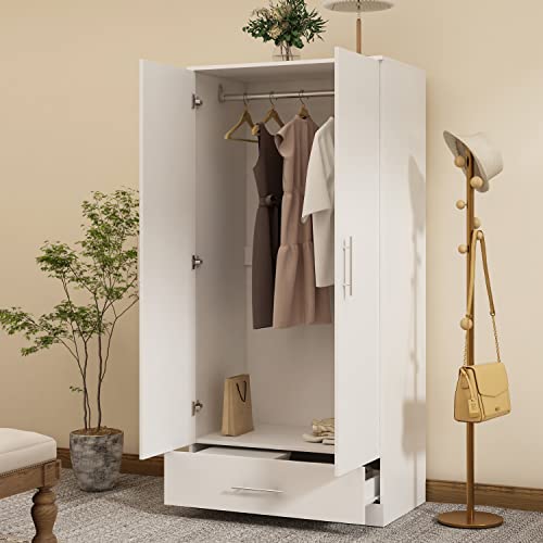 AIEGLE 2 Doors Wardrobe Armoire with Drawer, Freestanding Armoire Wardrobe Closet with Hanging Rod, Bedroom Wood Clothes Storage Cabinet Organizer in White (31.5" W x 18.9" D x 66.9" H)