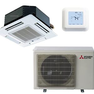 Mitsubishi 12,000 BTU 1 TON Four Way Ceiling Cassette Single Zone Mini Split System - SEER 22 AC & Heat Pump Ductless Ceiling Recessed Cool & Heat