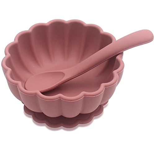 Flower Silicone Baby Bowl with Suction and Spoon - BPA-Free and Non-Toxic (Rose Dawn) - Perfect for Self-Feeding and Baby-Led Weaning. This is a must have for parents!