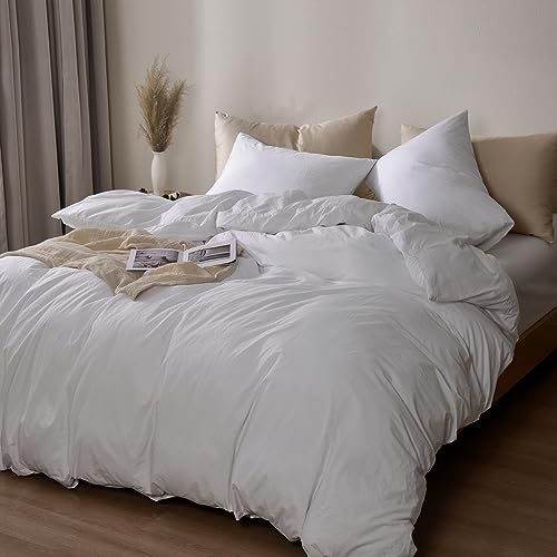 PHF 100% Cotton Duvet Cover California King Size, 3pcs Washed Cotton Linen Like Comforter Cover, Soft Breathable Durable Cooling Duvet Cover for Hot Sleepers, 104" x 98", White