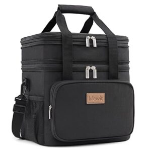 lifewit lunch box for men women double deck lunch bag, large insulated soft cooler bag, leakproof soft meal prep lunch tote with shoulder strap for adults for work/flight/travel, 12l/16can, black