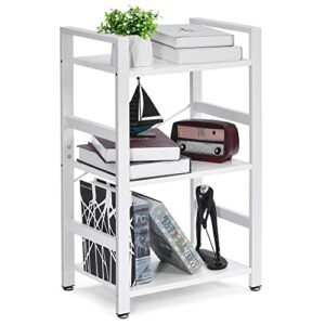 bewishome 3 tier bookshelf, white small bookshelf for small spaces, short wooden storage bookcase with metal frame for bedroom living room and home office jcj62w