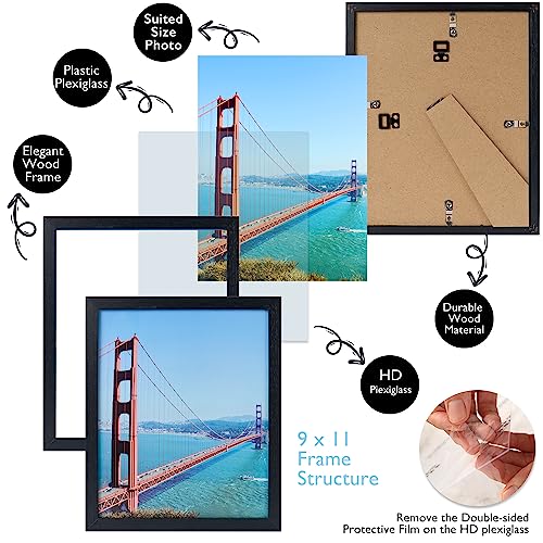 HEYTUYA 9x11 inch Picture Frame Black for Wall Hanging or Tabletop, Poster Frame, Wood Wall Gallery Photo Frame with Durable Shatter Resistant Plexiglas, Black