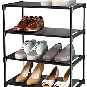 4-Tier Small Shoe Rack, Narrow Stackable Shoe Shelf Storage Organizer, Sturdy Metal Expandable Free Standing Shoe Racks for Entryway Hallway Closet Bathroom Living Room (4-Tier-Black)