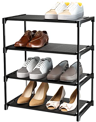 4-Tier Small Shoe Rack, Narrow Stackable Shoe Shelf Storage Organizer, Sturdy Metal Expandable Free Standing Shoe Racks for Entryway Hallway Closet Bathroom Living Room (4-Tier-Black)