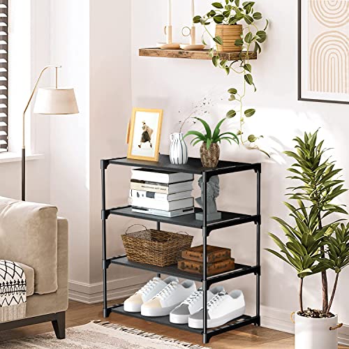 4-Tier Small Shoe Rack, Narrow Stackable Shoe Shelf Storage Organizer, Sturdy Metal Expandable Free Standing Shoe Racks for Entryway Hallway Closet Bathroom Living Room (4-Tier-Black)