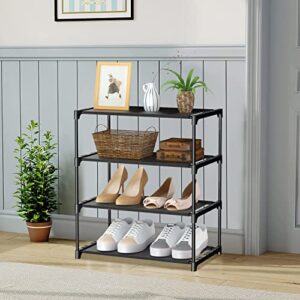 4-Tier Small Shoe Rack, Narrow Stackable Shoe Shelf Storage Organizer, Sturdy Metal Expandable Free Standing Shoe Racks for Entryway Hallway Closet Bathroom Living Room (4-Tier-Black)