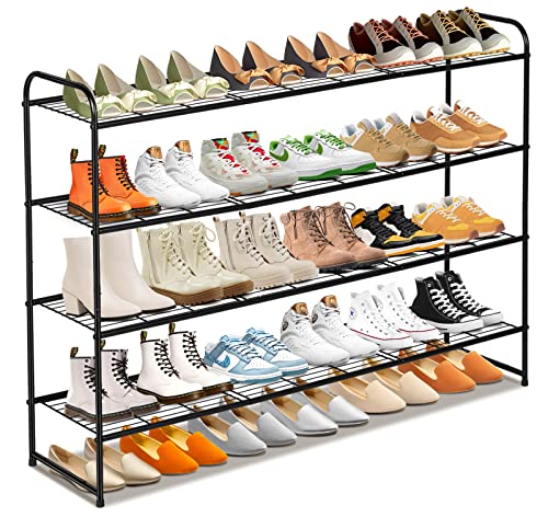 SLEEPING LAMB 4 Tier Long Shoe Organizer for Closet, Metal Shoe Rack Wide Shoe Storage Organizer 30-Pairs Shoe Shelf for Bedroom, Floor, Entryway (Black)