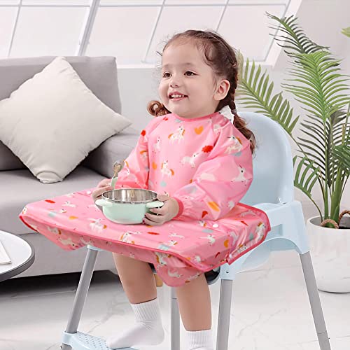 Vicloon Coverall Baby Feeding Bib, 2 In 1Weaning Bibs Attaches to Highchair and TableWeaning, Long Sleeve Bib with Waterproof, Baby Bibs for Feeding, Adjustable,Machine Washable(Unicorn Pattern)