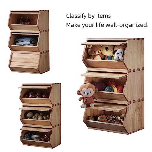 unununu Stackable Solid Wood Storage Bins with Lids,Wooden Toy Box,Closet Storage Organizers,Hall Entryway Cabinet,Chest,Drawers,Potato,Onion,Bread,Classify by Items,Easily Accessible(3 Pack)