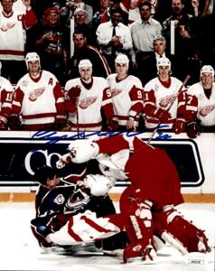 chris osgood signed detroit red wings fight night vs roy 8x10 photo #2 jsa coa - autographed nhl photos