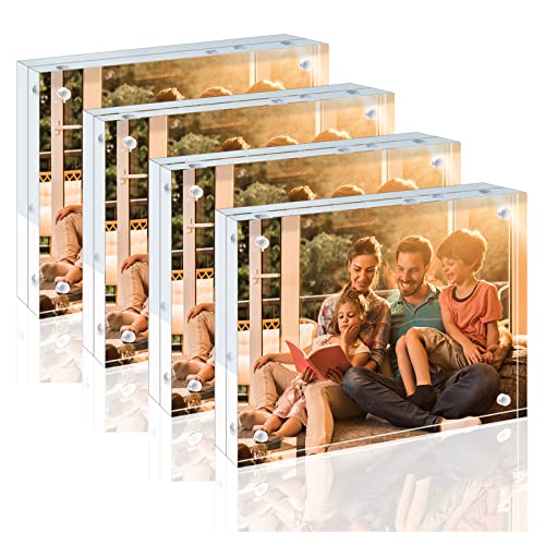 Egofine 5x7 Picture Frames Acrylic Frames 4 Pack, 20mm Thicker Lucite Frameless Clear Floating Frames, Magnetic Double Sided Photo Frame, Free Standing Desktop