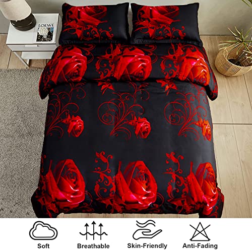 Red Duvet Cover Queen Size Reversible Rose Bedding Duvet Cover Set with Zipper Closure 3 Pieces Ultra Soft Microfiber Queen Duvet Cover, 1 Duvet Cover 90x90 inches and 2 Pillow Shams (No Comforter)