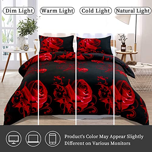 Red Duvet Cover Queen Size Reversible Rose Bedding Duvet Cover Set with Zipper Closure 3 Pieces Ultra Soft Microfiber Queen Duvet Cover, 1 Duvet Cover 90x90 inches and 2 Pillow Shams (No Comforter)